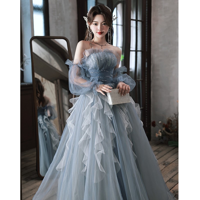 Korean Blue Puff Sleeve Elegant Fairy JS Prom Evening Ball Enchanted ...