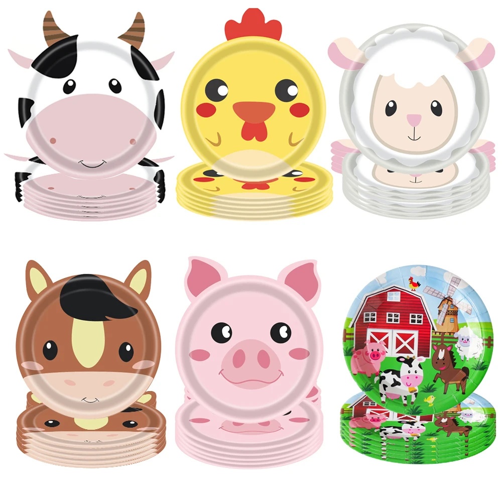 10pcs Farm Animals Party Paper Plates Cock Pig Cow Sheep Disposable ...