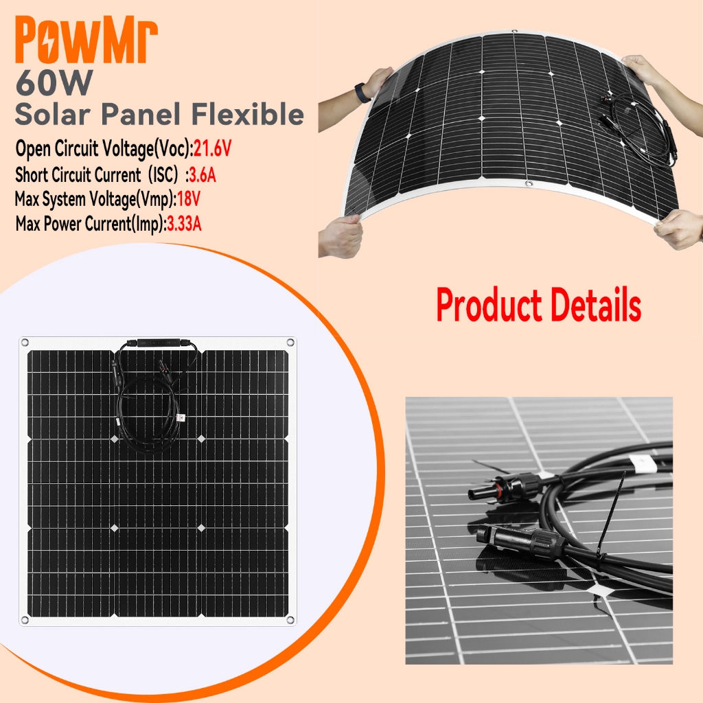 【Ready Stock】PowMr 60W Flexible Solar Panel 21.6Voc High Efficiency ...
