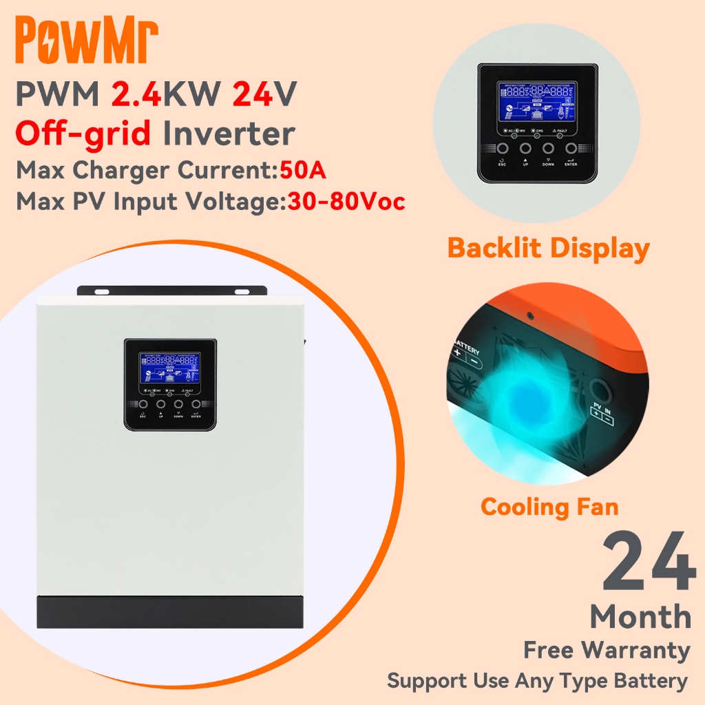 【Official Store】PowMr PWM 2.4KW Pure Sine Wave Solar Hybrid Inverter ...