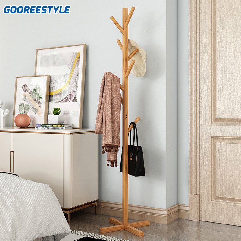 gooreestyle Bag Rack Stand Solid Wood 8Hooks White/Wood/Brown Clothes ...