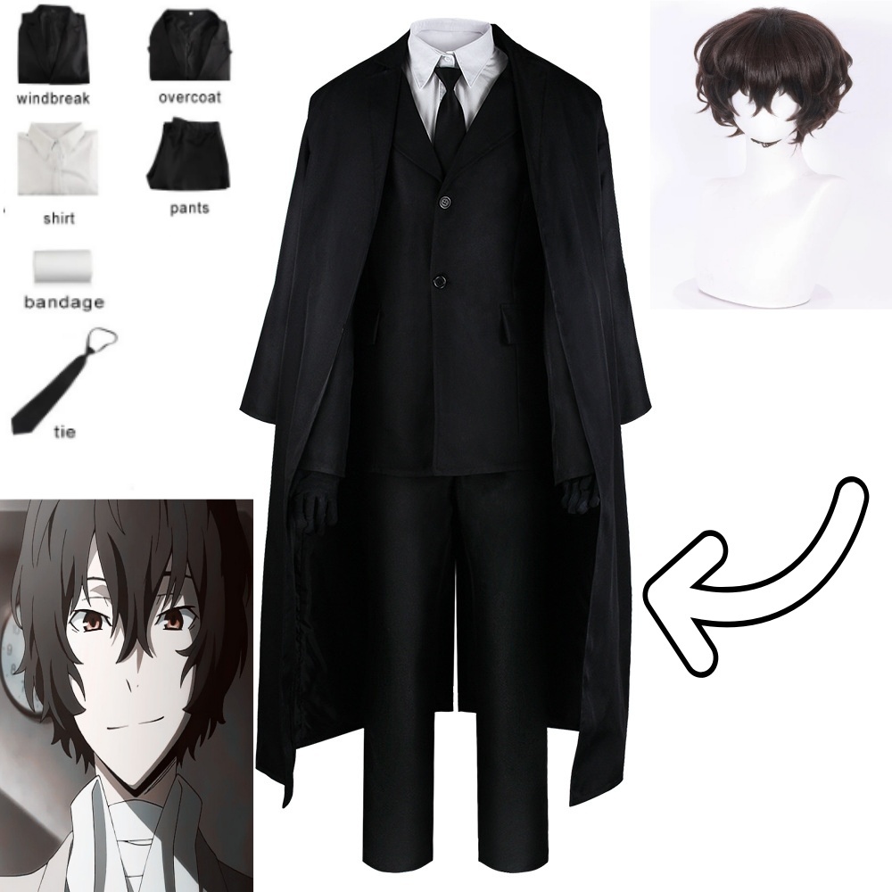 Dazai Cosplay Costume Black Trench Jacket Pants Gloves bandageOutfits ...