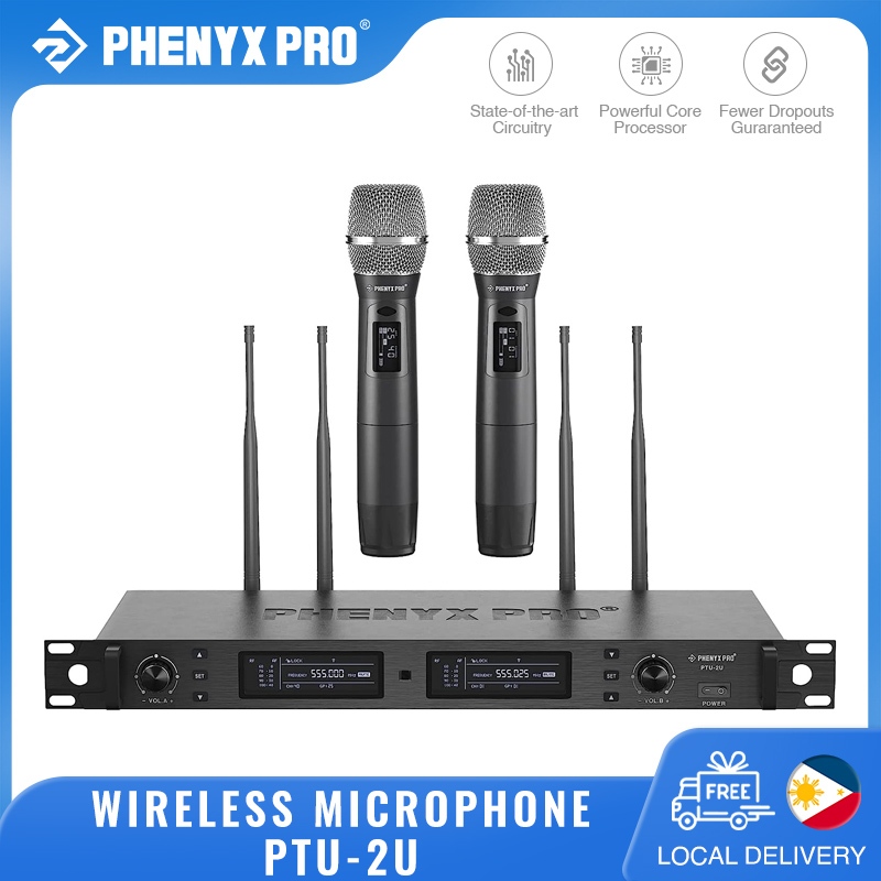 Phenyx Pro PTU-2U True Diversity Wireless Microphone System Dual Cordless Microphone Set 2x1000 ...