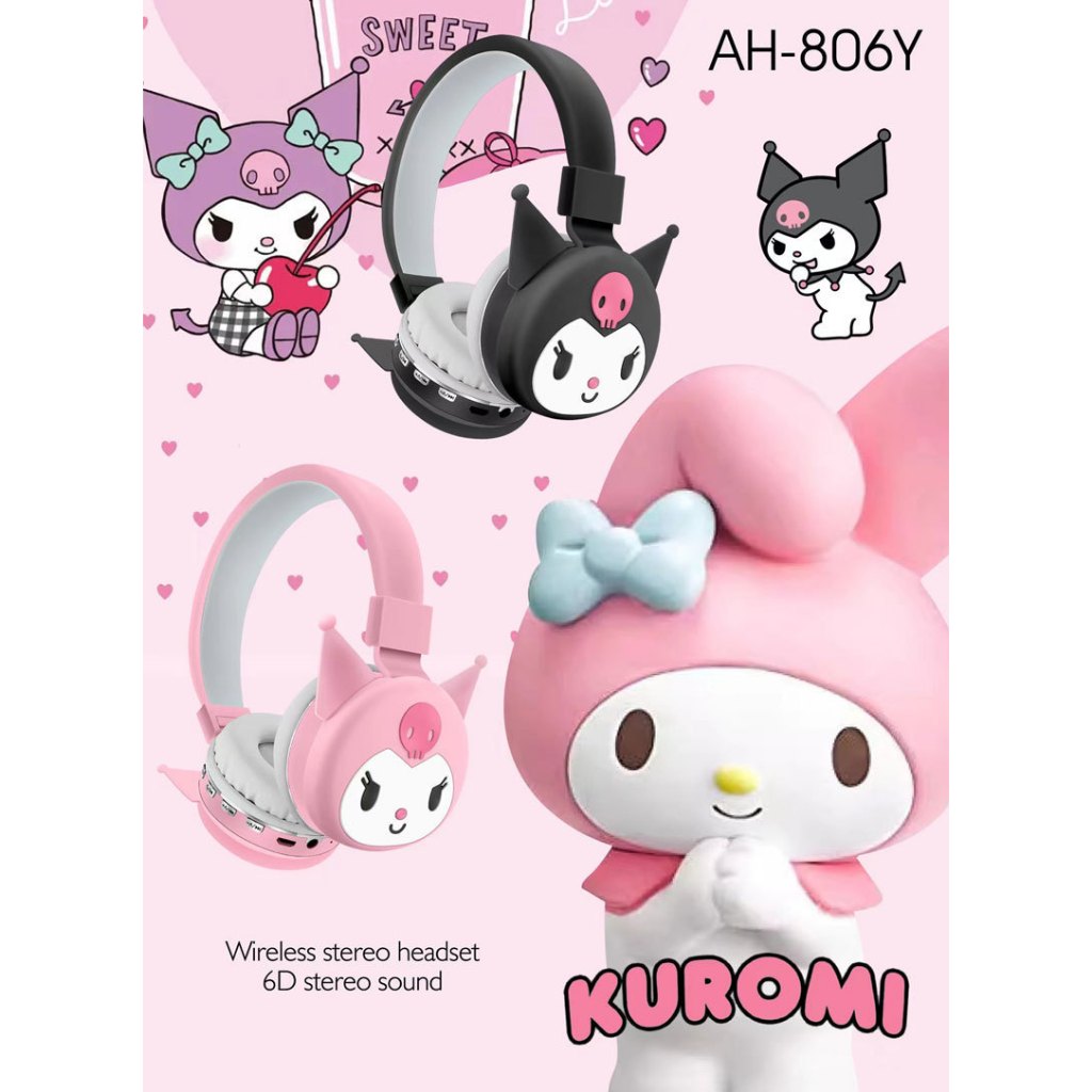 Sanrio AH-806Y Kids Over-ear Bluetooth Earphones Kuromi Cute Pink Wireless Adjustable For Kids ...