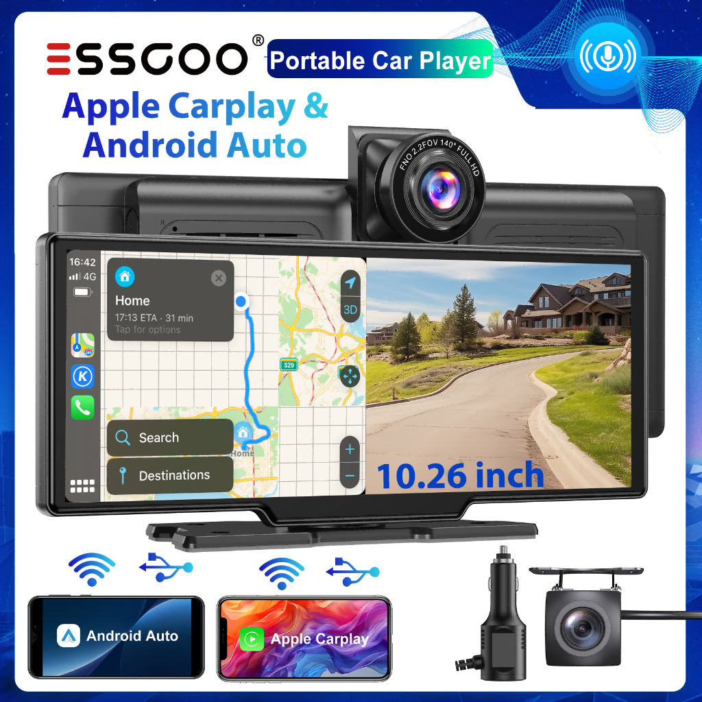 ESSGOO 4K & 1080P Dual Record 10.26" INCH Portable Car Player Carplay ...