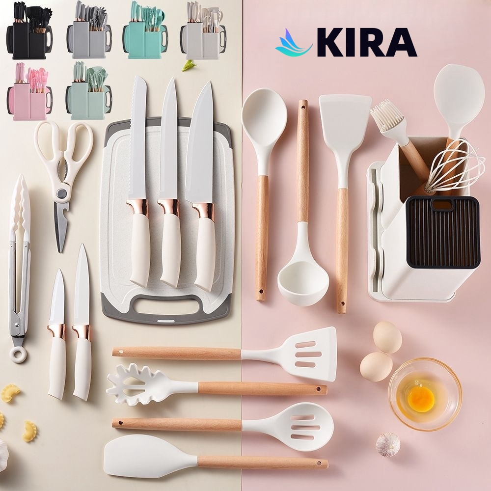 KIRA 19PCS Silicone Kitchen Utensils Set with Storage Bucket Cooking ...
