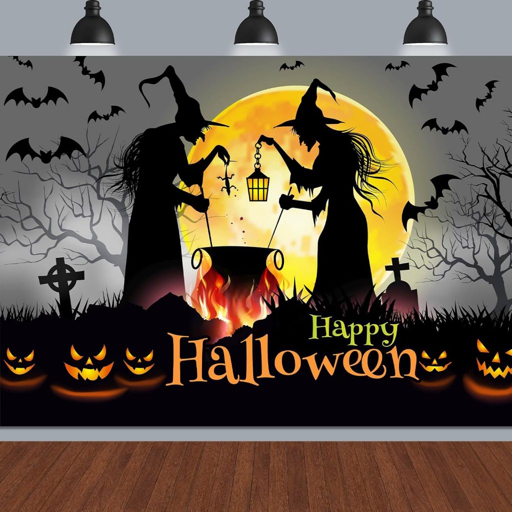 Halloween Backdrop Halloween Witch Banner Full Moon Scary Night Evil ...