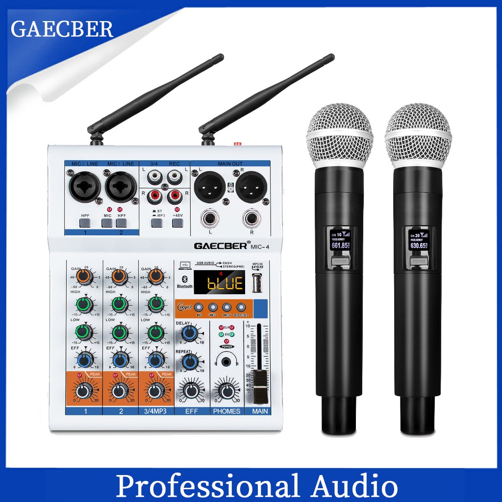 MIC-4 Audio mixer 4 channel with 2 wireless mics computer recording KTV ...