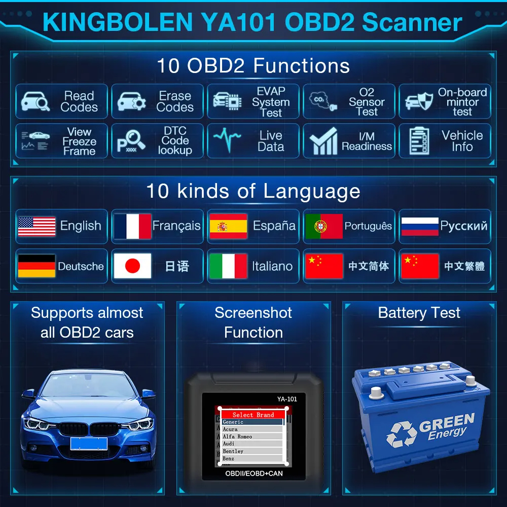 KINGBOLEN YA101 Code Reader OBDII/EOBD YA-201 Auto Diagnostic Tool Graph Datastream OBD2 Real ...