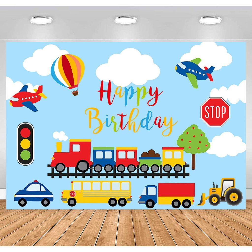 Transportation Boy Happy Birthday Backdrop Cartoon Blue Sky Clouds ...