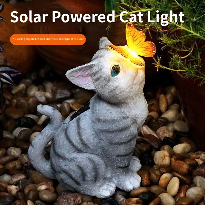 Cat Sculpture With Solar Light Garden Decoration Waterproof Resin ...