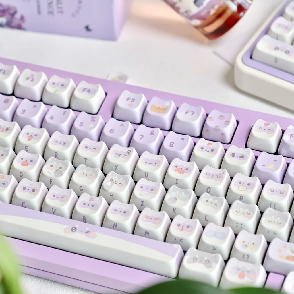 【Cat Head Design】141 Keys Lilac Raccoon Keycaps Cute Purple Meow ...