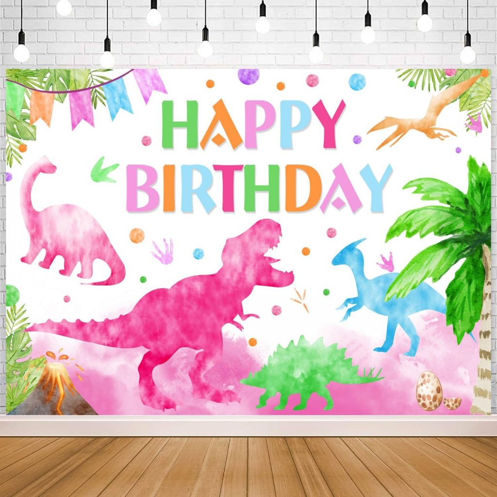 Watercolor Pink Dinosaur Birthday Backdrop for Girls Jungle Safari Tree ...