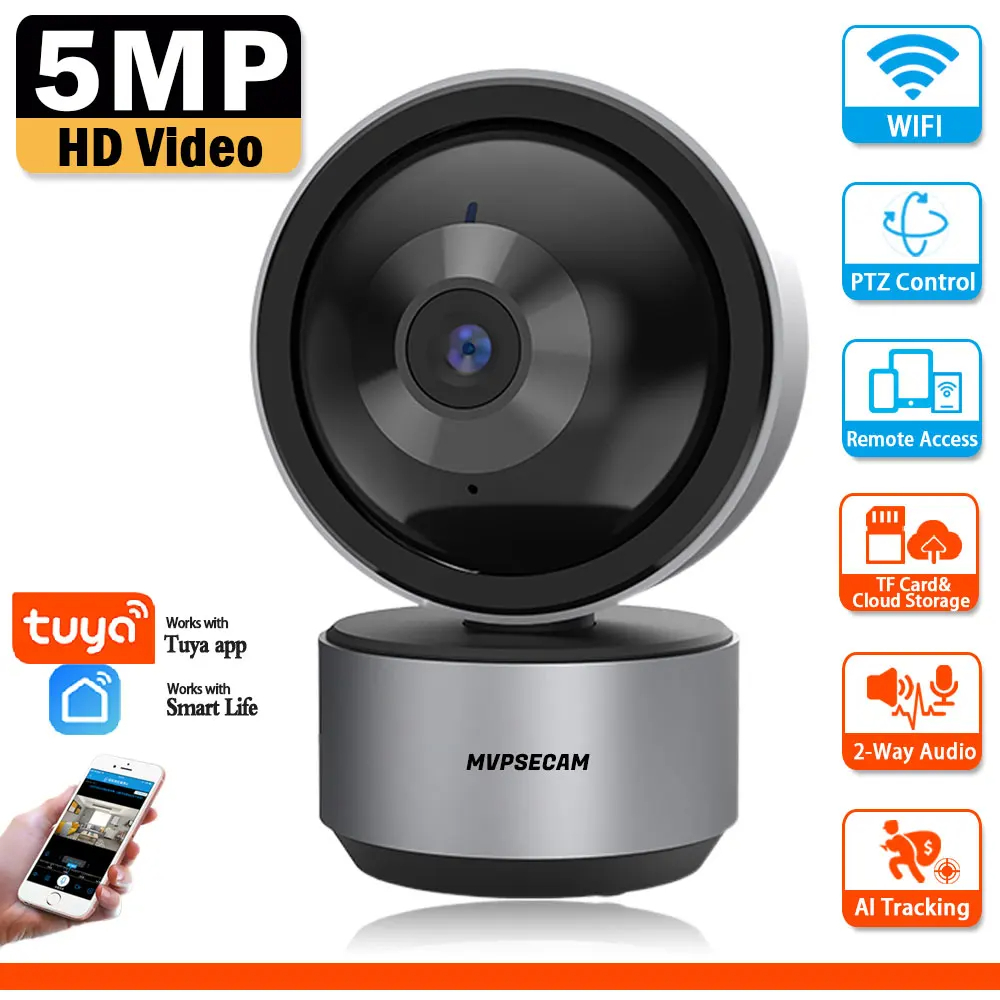Wireless CCTV Tuya Smart WiFi Camera 5MP 360 PTZ Video Security Camera ...