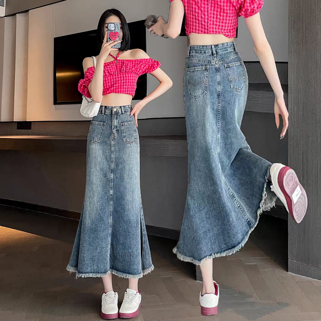Retro Mermaid Skirt Long Denim Skirt fishtail washed Korean Style High ...