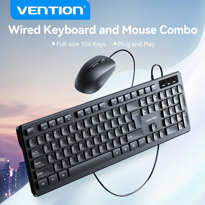 Vention Keyboard Mouse Combo 104 Keys Black Slim Type ABS 1200 DPI for ...
