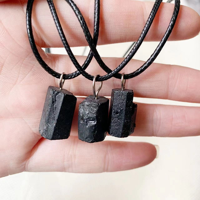 Long cylindrical Faceted Black Tourmaline Necklace Rough Stone Pendant ...