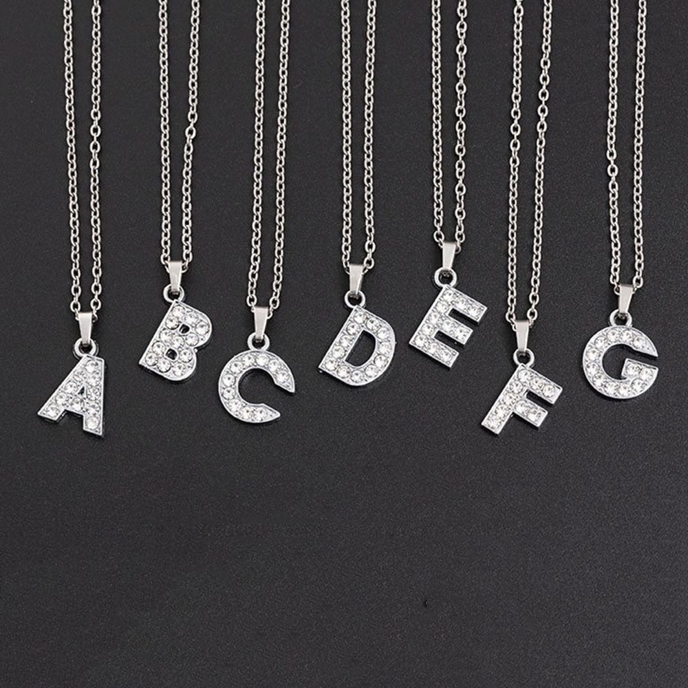 Silver Plated Rhinestone Initial Letter Pendant Necklace For Women A-Z ...
