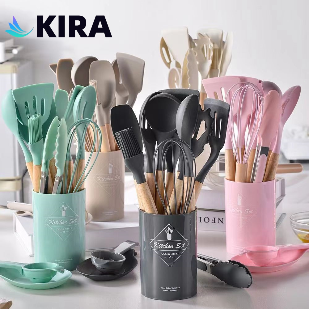 KIRA Silicone Kitchen Utensil set 12Pcs Wooden Handle Spatula cooking ...