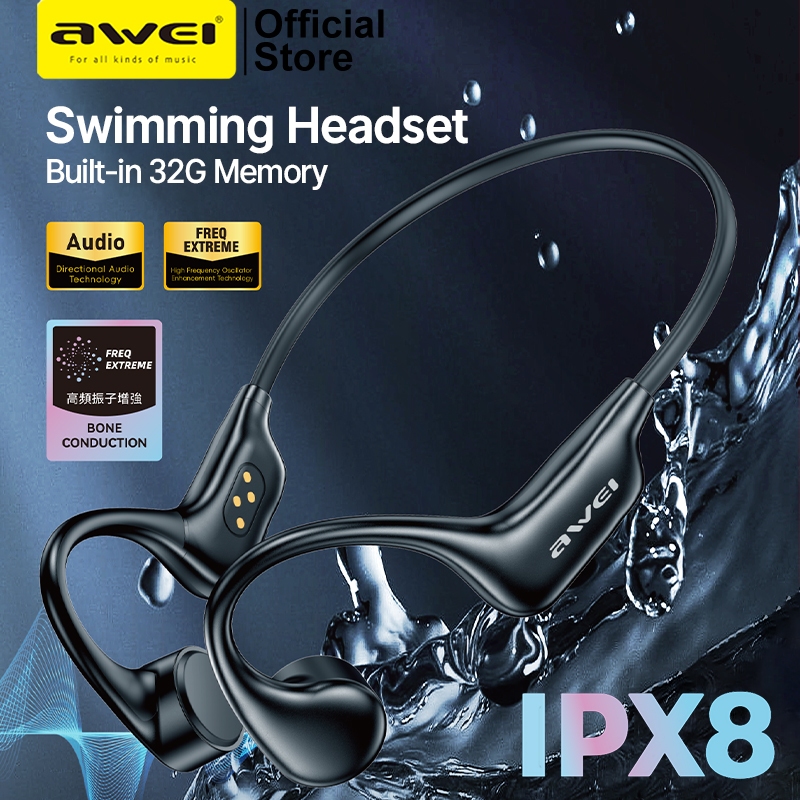 Awei A899BL IPX8 Bone Conduction Swimming Earphone Blutooth Hearphones With HD Microphone Sports ...