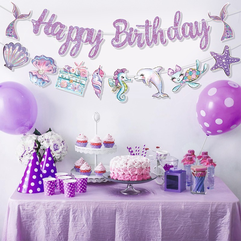 【Unique Style】Little Mermaid Happy Birthday Banner Mermaid Backdrop ...