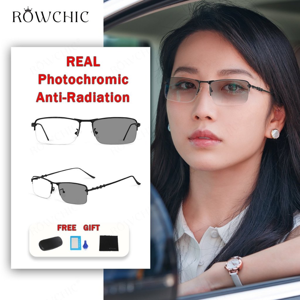 ROWCHIC Anti Radiation Photochromic Rectangle Eyeglass Browline Glasses ...