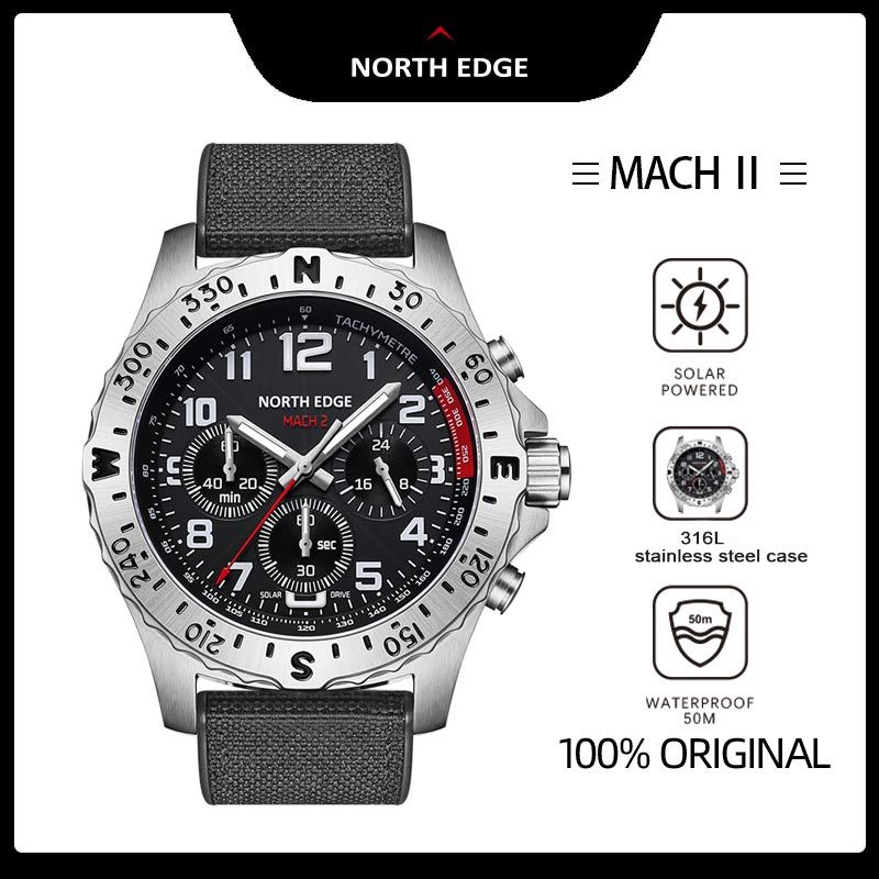 North EDGE MACH2 Solar Powered Men's Watch 316L Stainless Steel Case ...
