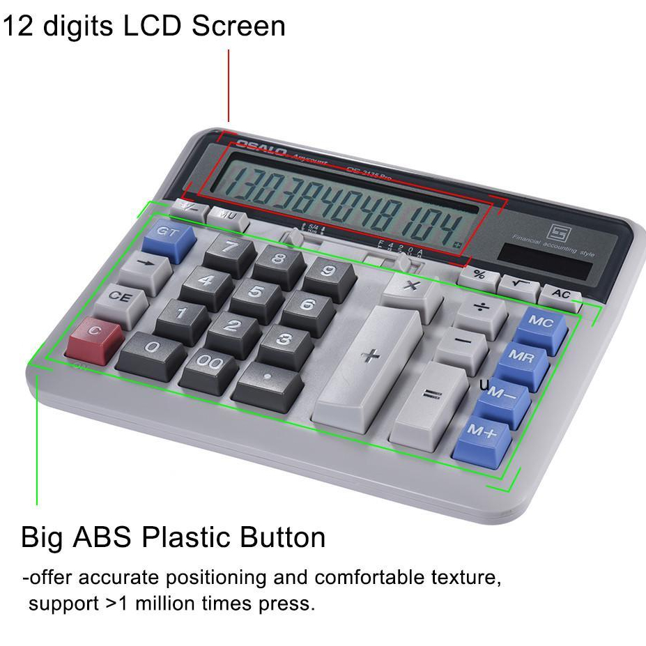 Solar & Battery-Operated Electronic Calculator with 12-Digit Display ...