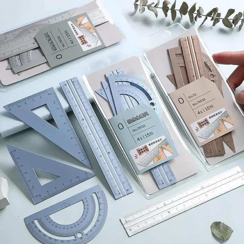 4 In 1 Metal Ruler Triangle Protractor Multifunctional Straight Rulers ...