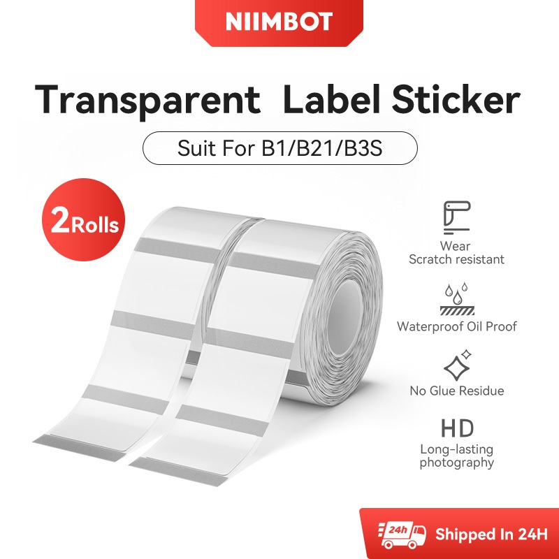 Niimbot 2 Rolls B1/B21/B3S Transparent Label Sticker Name Sticker Waterproof Oil Proof No Glue ...