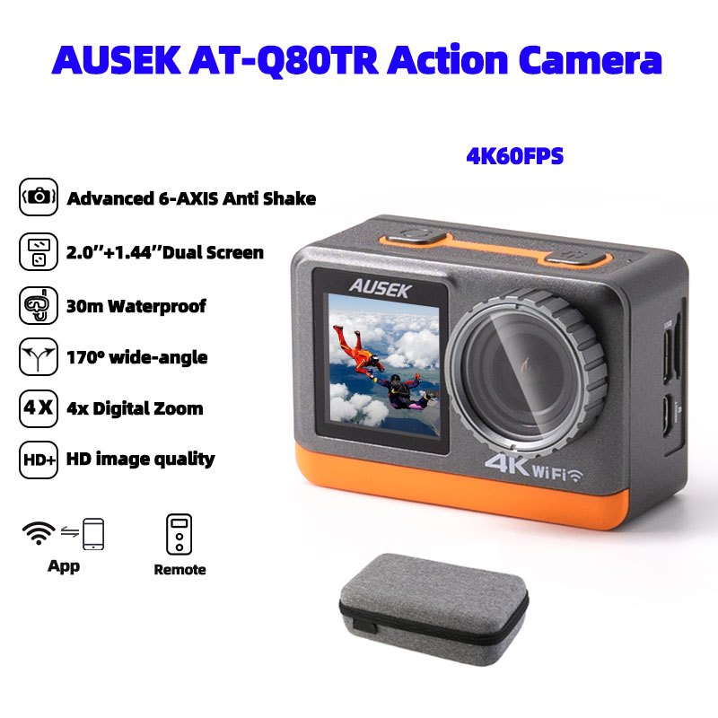 【on sale】Orig AUSEK Action Camera AT-Q80TR Dual Screen Sport Camera 4K ...
