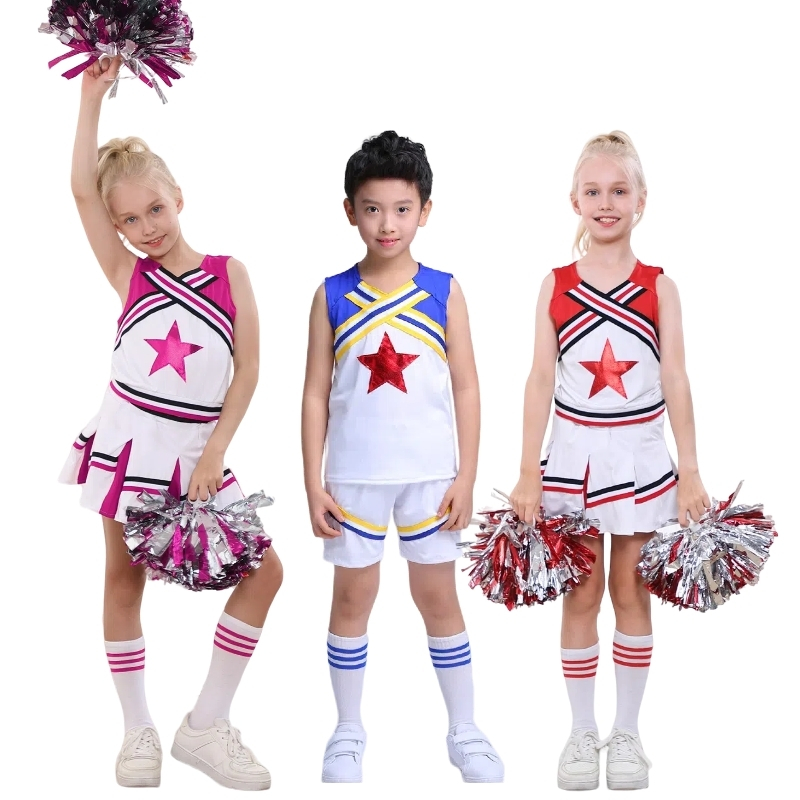 4Pcs Girls Cheerleader Uniform Outfit with Pom Poms&Socks Costume ...