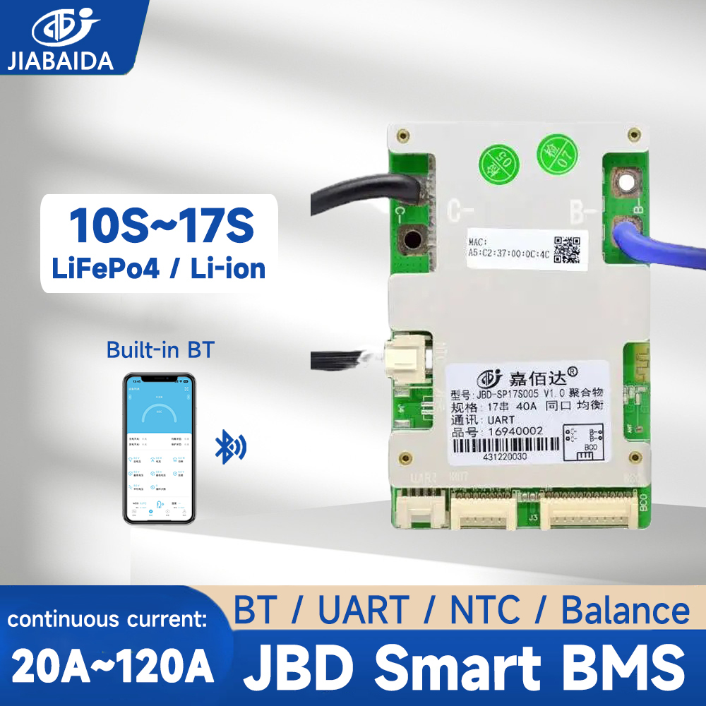 JIABAIDA Smart BMS 10S 12S 13S 14S 16S 17S LiFePo4 Li-ion Battery 20A-120A JBD BMS BT UART ...