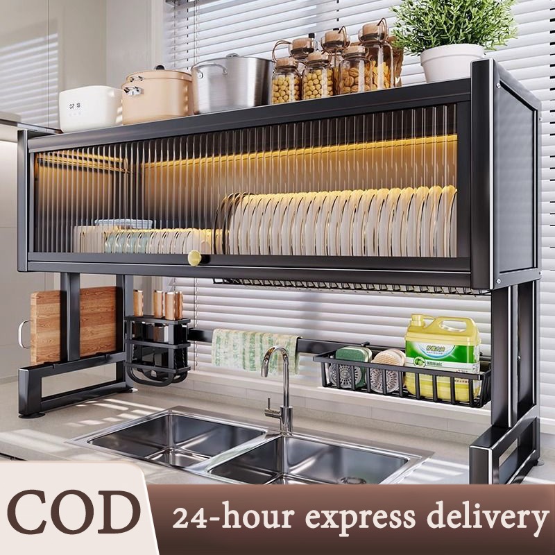 Metallic Dish Cabinet Rack Dustproof Drain Rack With Cabinet Door Plate ...