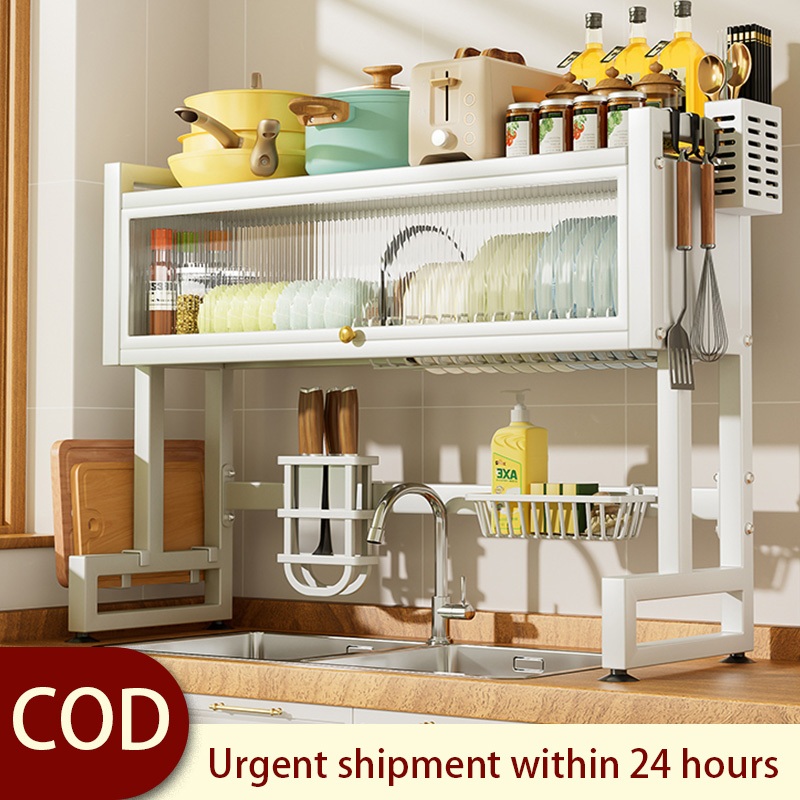 2-Layer Stainless Steel Tableware Rack with Lid 65/75/85/95/105cm Cross ...