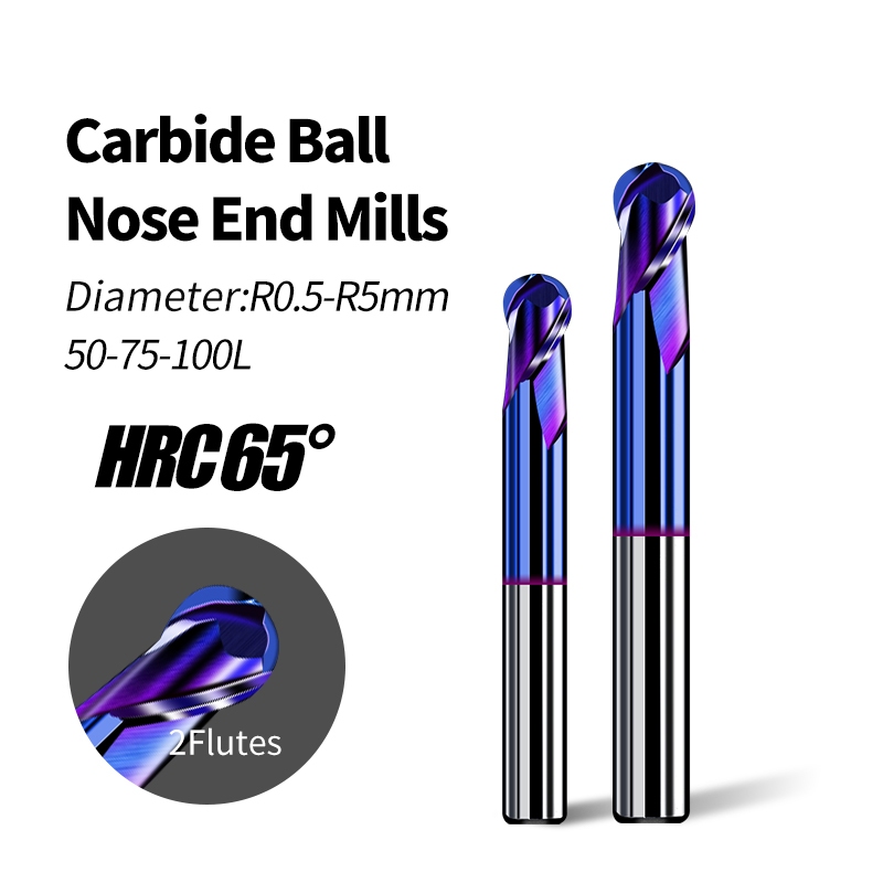 HRC65 Ball Nose End Mill R0.5-R4 2-Flute Tungsten Steel Milling Cutter ...