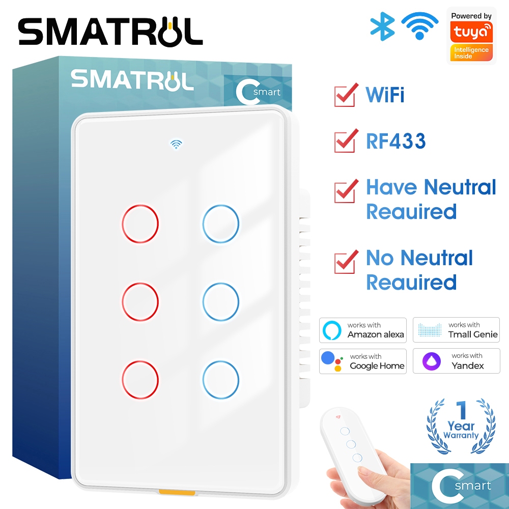SMATRUL Tuya Wifi Smart Touch Switch Light No Neutral Wire Remote On ...