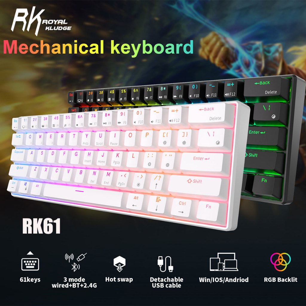 RK61 RK Royal Kludge Bluetooth 3.0 & USB C 3Modes RGB Backlit Mechanical Keyboard | Shopee ...