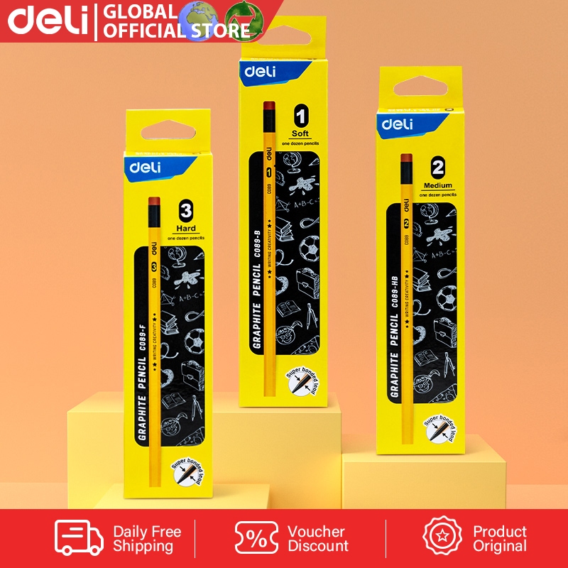 Deli 12 Pcs Pencil #1 #2 #3 Soft Medium Hard Pencil School Supplies ...