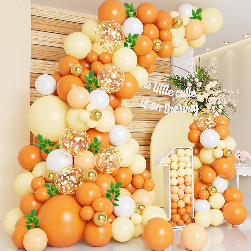 124pcs Summer Orange Yellow Balloons Chain Set Gold Confetti Balloons ...