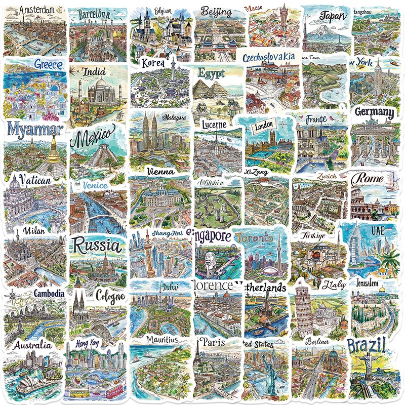 50Pcs World Travel Map Sticker, Graffiti Hand-Drawn World Country ...