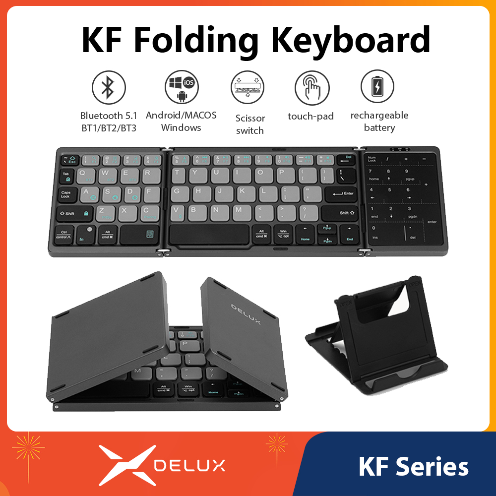 Delux Portable Bluetooth Folding Wireless Keyboard Touchpad Scissor Switches Silent Click