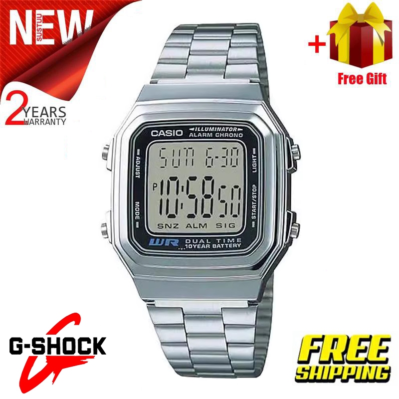 【2YEARS WARRANTY】Casio A178 Dual Time LED Adjustable Stainless Steel Digital Men Women Watch ...