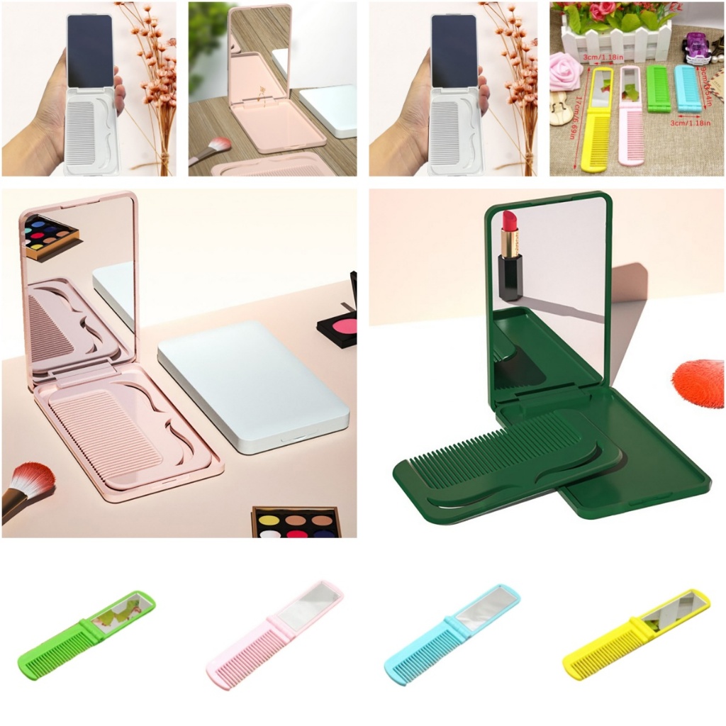 FWPH Small Mirror Comb Set Solid Color Fashion Portable Fold Makeup ...