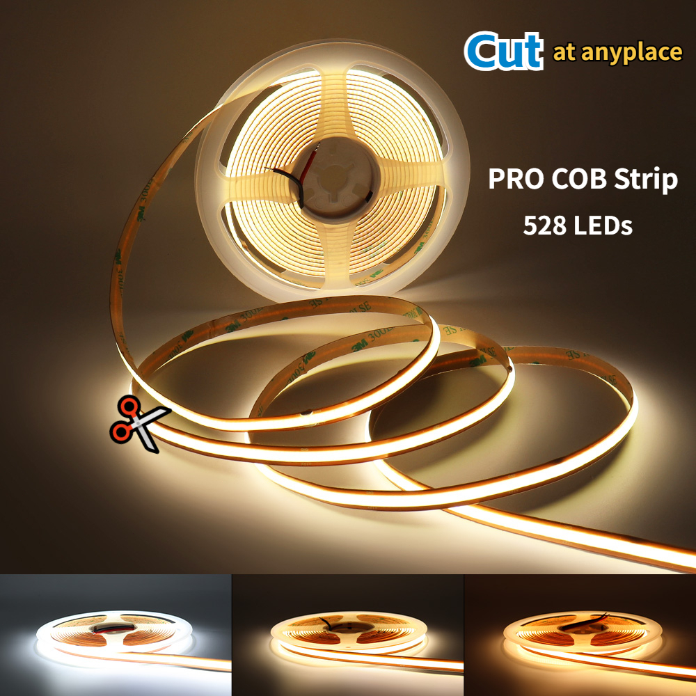 NEW PRO COB LED Strip 12V/24V - 528LEDs/m Mini Cuttable High-Density ...