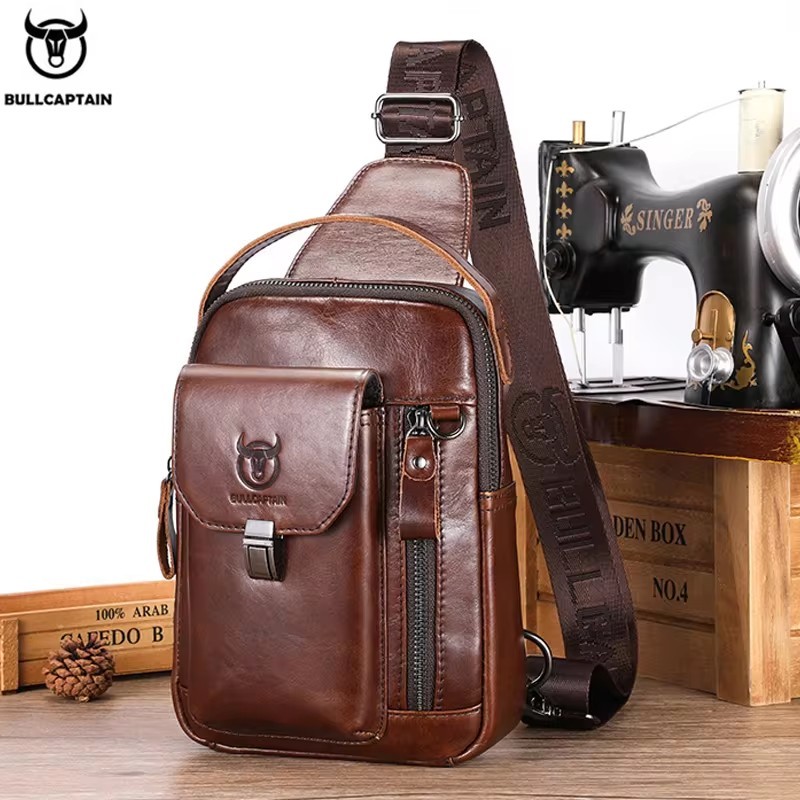 BULLCAPTAIN Men Leather Shoulder Bag Cross Body Travel Sling Chest Bags ...