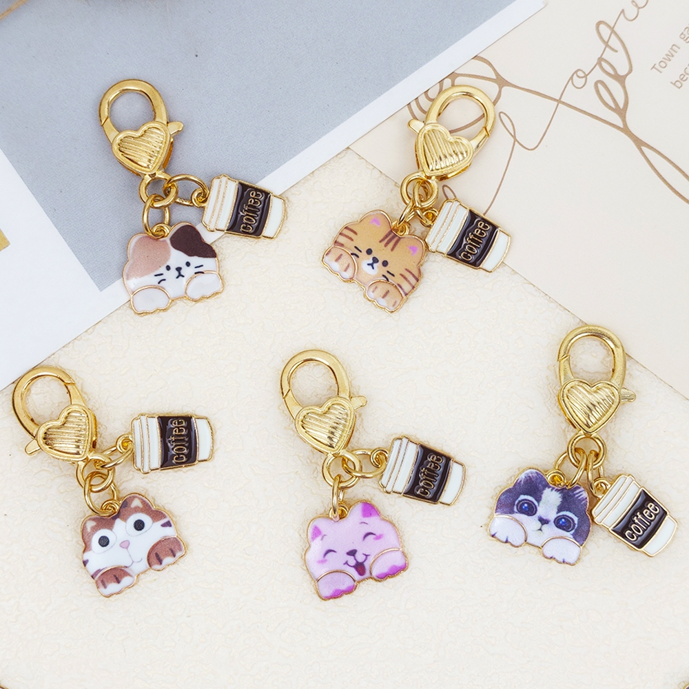 Cartoon Enamel Cat Key Ring Lovely Coffee Cup Kitten Key Chains Kawaii ...