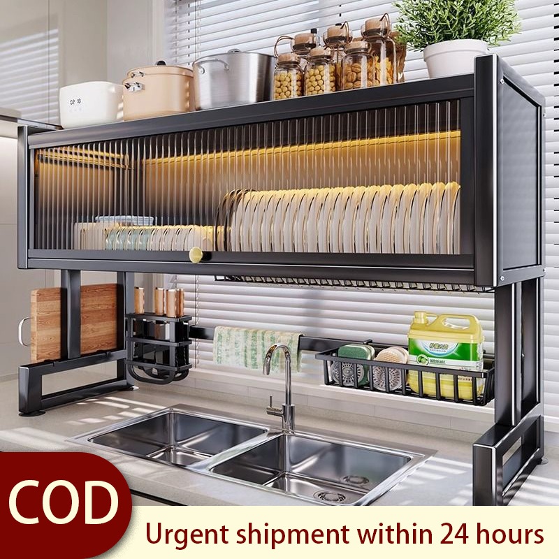 2-Layer Stainless Steel Tableware Rack with Lid 65/75/85/95/105cm Cross ...