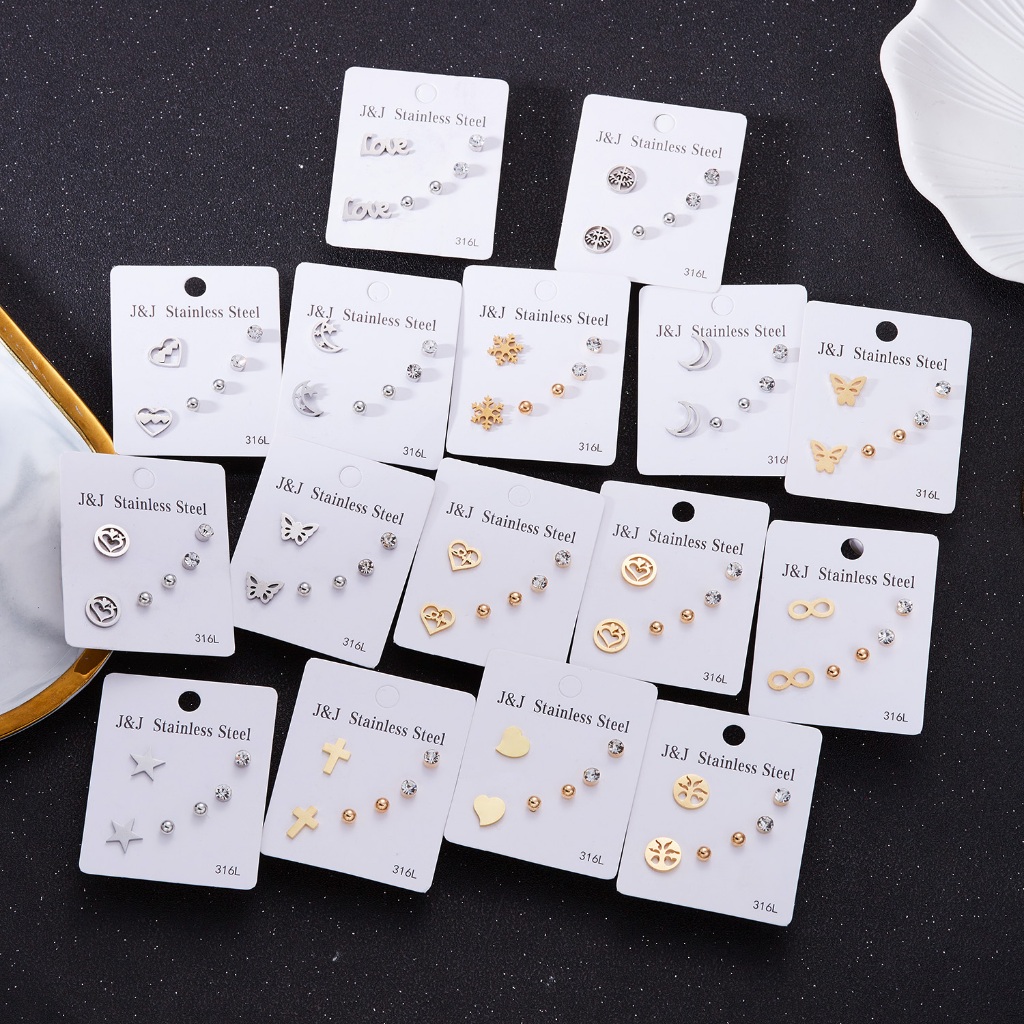 JUSHI 3 Pairs Diamond Alloy Combo Carded Stud Earrings Set ...
