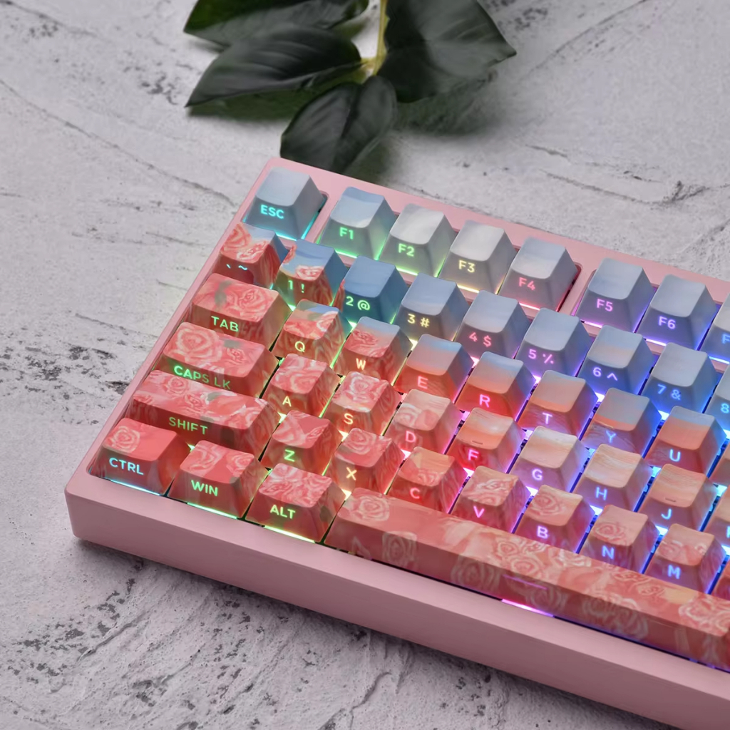 WOMIER 130 Keys Dye Sub Rose Bloom Theme Keycaps PBT Shine Through Key ...